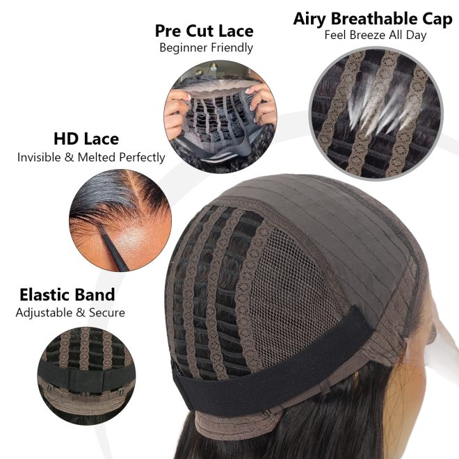 Pre Bleached Knots Straight Wear Go Glueless Wig Breathable Airy Cap 7× ...